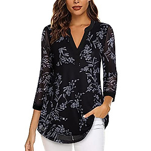 Timeson Ladies Tops and Blouses,3/4 Sleeve Tops for Women V Neck Blouses for Women Dressy Tunic Tops to Wear with Leggings Business Attire Office Interview Work Professional Dress Shirts Black Large