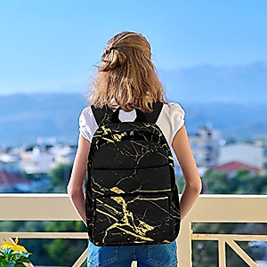 Aeoiba Chic Black and Gold Marble Texture Backpack, PU Leather Travel Laptop Backpack with USB Charging Port, Water Resistant College School Computer Bag for Men & Women Fits 15.6 Inch Notebook