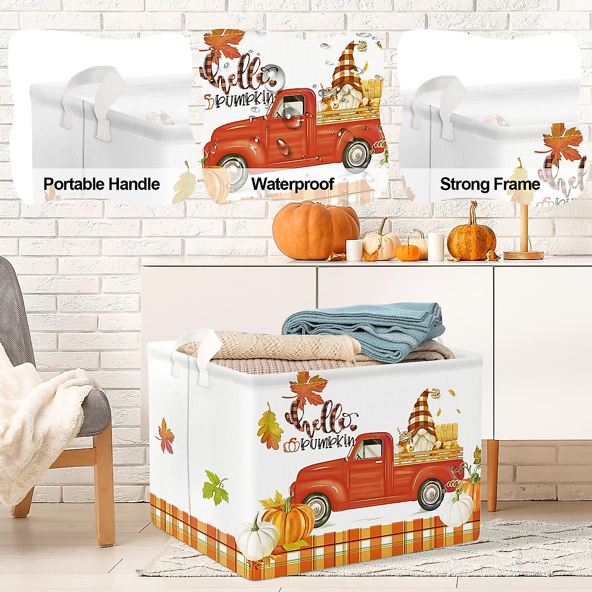 Clastyle Pumpkin Gift Fall Basket Empty Foldable Clothes Toy Bin Thanksgiving Storage Basket Large Gnome Truck Book Shelf Basket Rectangular Orange Bull Plaid Harvest Basket