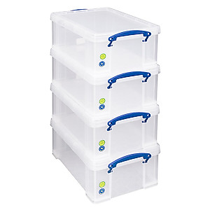 Really Useful Box 9 Litre Plastic Storage Box Clear, Multi-purpose stacking storage, with a lid and clip lock handles, Ideal for home, office, school and arts and crafts storage (Pack of 4)