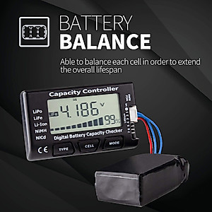 Digital Battery Capacity Tester, Battery Capacity Voltage Checker Controller Tester with LCD for LiPo Life Li-ion NiMH Battery