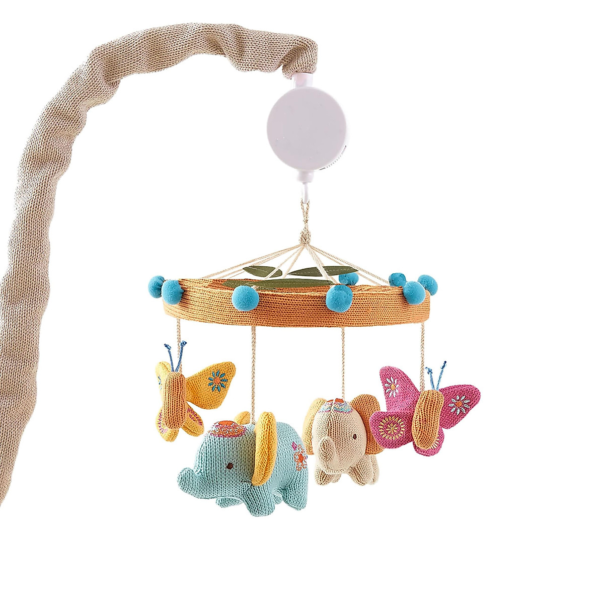 Levtex Baby - Zahara Musical Rotating Baby Crib Mobile - Knit Elephants and Butterflies - Orange, Teal, Yellow, Red, Fuchsia - Nursery Accessories