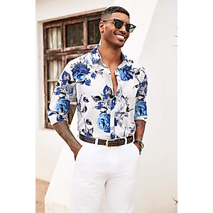 COOFANDY Men's Slim Fit Floral Dress Shirt Long Sleeve Casual Button Down Shirts (01_White&Blue, Small)