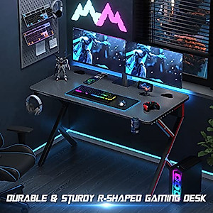 Mr IRONSTONE Gaming Desk 45 Inch with Power Outlets, Computer Desk Gaming Table Carbon Fiber Surface PC Gamer Workstation Laptop Study Table, Home Office Desks with Cup Holder, Headphone Hook, Black