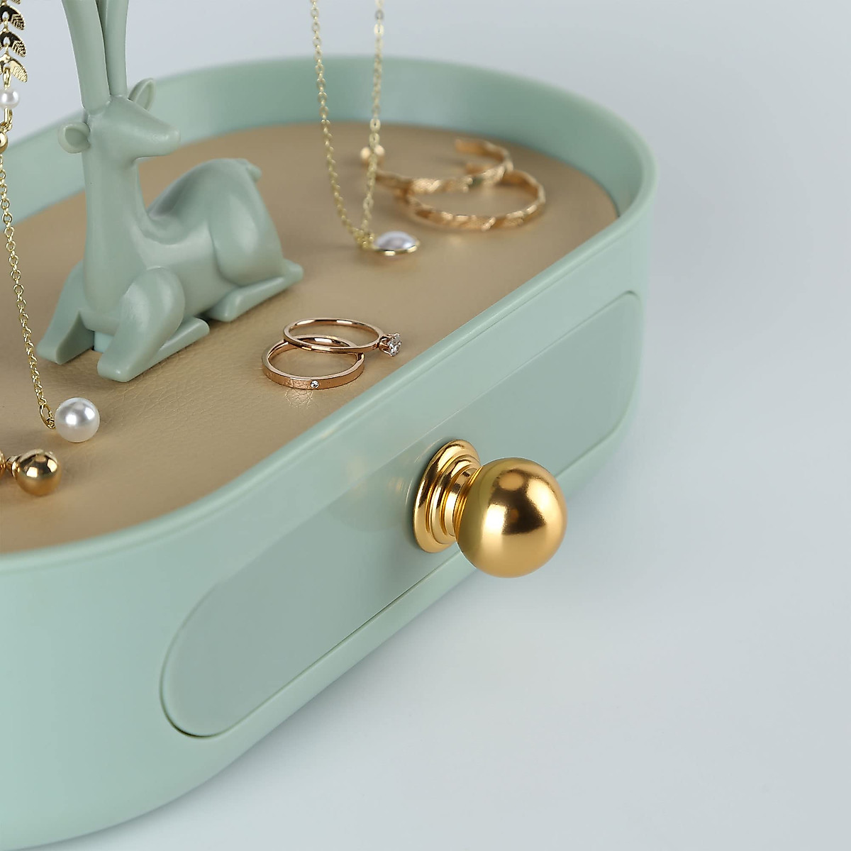 MORE&LESS Antlers Jewelry Display Stand with Aluminium alloy handle, Tree Tower Rack Hanging Organizer for Ring Earrings Necklace Bracelet, Deer Horn Tree Stand with Storage Drawer and Tray