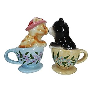Ebros Ceramic Tabby And Tuxedo Black Kitty Cats In Teacups Kissing Salt And Pepper Shakers Set Valentines Tea Cup Cat Kittens Figurines Party Kitchen Tabletop Collectible Decorative Accents