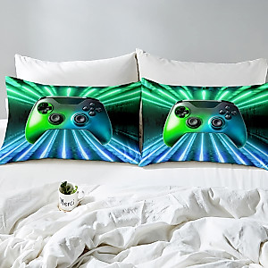 Erosebridal Green Blue Gamepad Bedding Set, Game Player Comforter Cover Full Size Modern Gamer Gaming Duvet Cover Neon Trippy Bedding Set for Kids Boys Girls Teens Young Man Room Decor, Unthick
