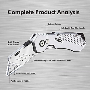 KATA 3-Pack Heavy Duty Box Cutter Folding Utility Knife With Zinc Alloy Body, Quick Change Blades, Lock-Back Design, Extra 12pc Blades For Cartons, Cardboard and Boxes