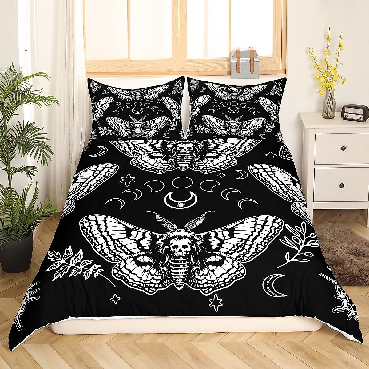Death Moth Duvet Cover Set Queen Size Youth Gothic Skull Bedding Set 3pcs for Kids Boys Teens Room Decor, Moth Skeleton Skull Comforter Cover Moon Stars Quilt Cover with 2 Pillowcases, No Comforter