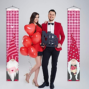 Rainlemon Welcome Be My Valentine Swedish Gnome Porch Banner, Pink Buffalo Check Plaid, Valentine's Day Front Door Sign Decoration