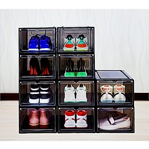 JECCICHY 10 Pack Black Shoe Storage Boxes Stackable, Plastic Shoe Boxes with Lids, Sneaker Storage, Transparent, Thick Hard, Drop Front Door, Within US Size 13, Size: 13.54”x10.63”x7.48”