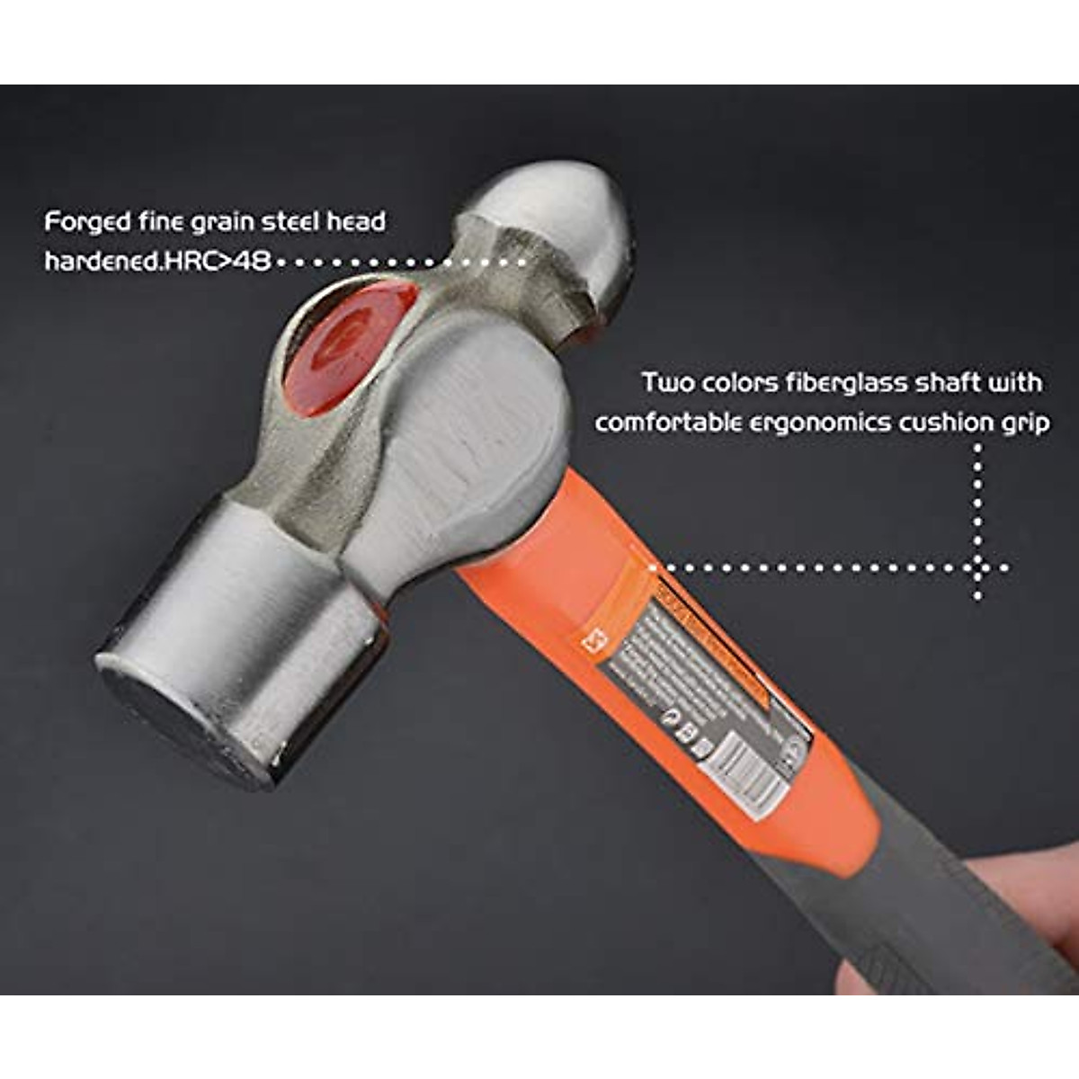 Edward Tools Ball Peen Hammer 16 oz. - Forged Fine Grain Steel Head - Ergonomic Rubber Cusion Grip - Fiberglass Shock Absorbing Shaft - Pein Hammer - Metal Work, Rounding, Blacksmith Hammer, Mechanics