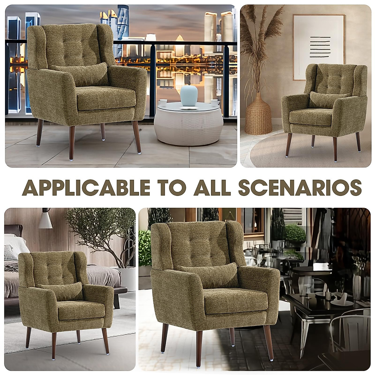 cinkehome Accent Arm Chairs for Living Room, Chenille Upholstered Mordern Armchair, Comfy Soft Padded Lounge Chair in Small Spaces, Bedroom, Pillow, Solid Wood Leg, Olive Green