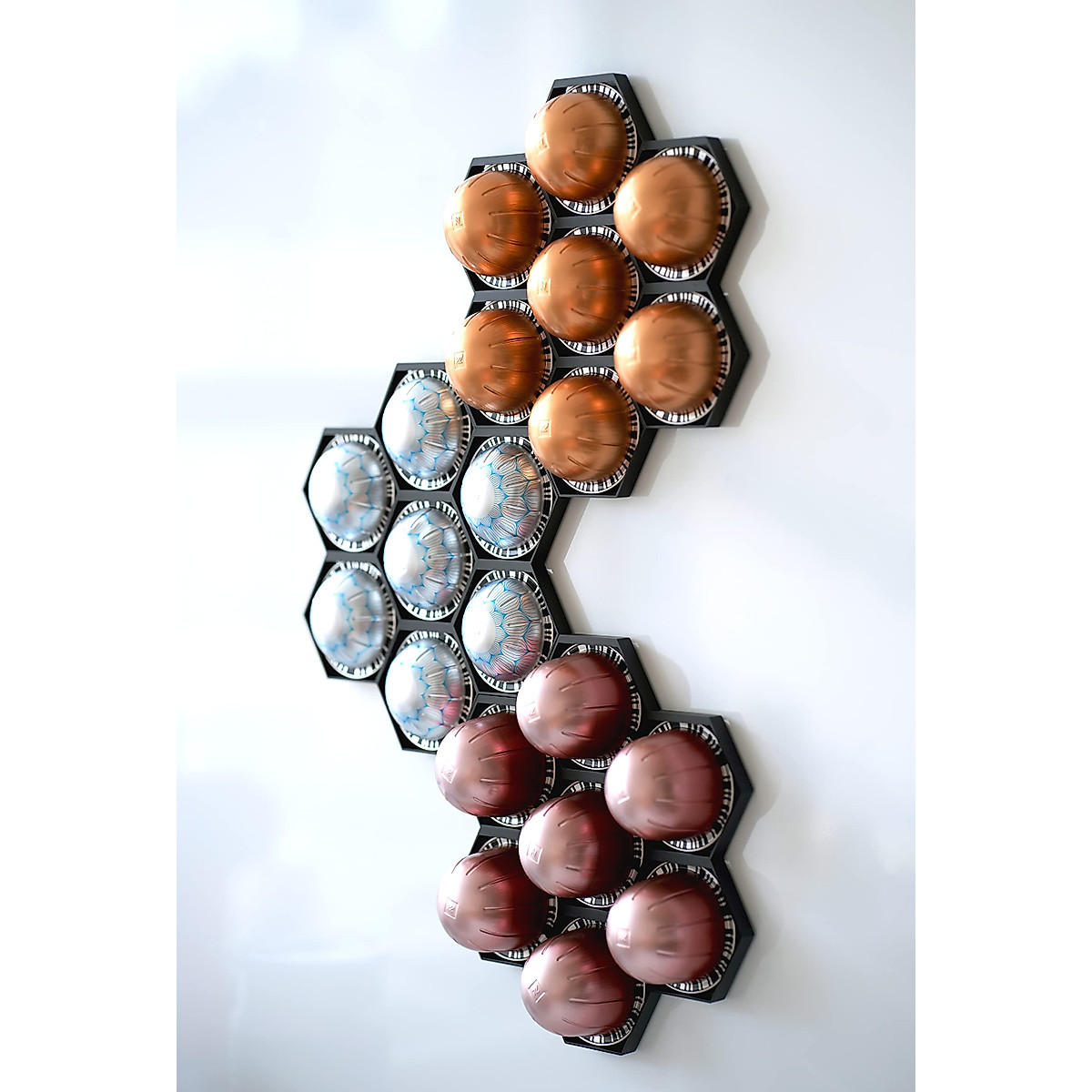 Hemiola Coffee Pod Holders, Honeycomb Capsule Organizer Set Intended for Nespresso Vertuoline Pods, Fridge and Wall Mount, Magnetic and Foam Tape Included, Pack of 3, Holds Up to 21 Pods