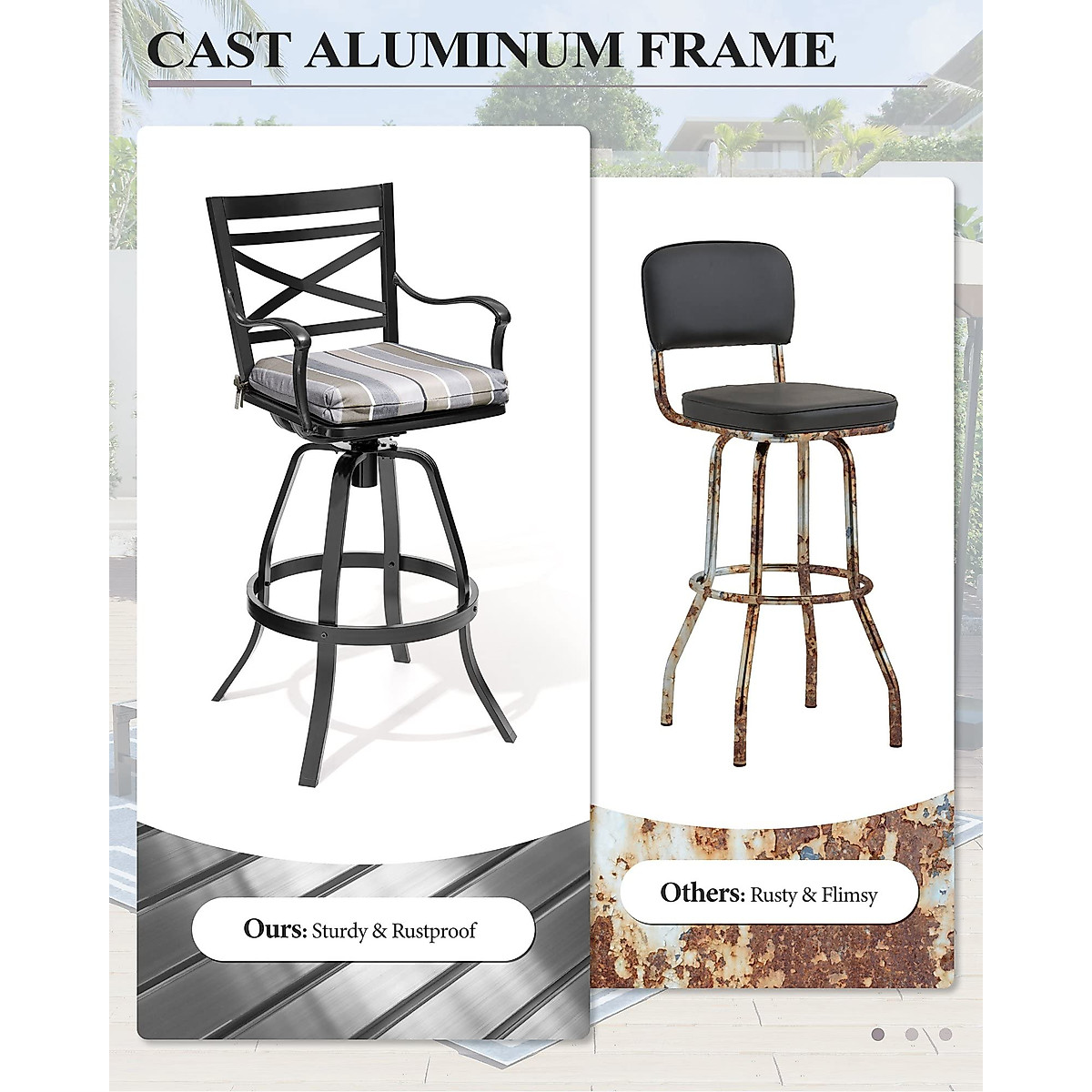 Crestlive Products Outdoor Swivel Bar Stools Set of 4, Patio Cast Aluminum Bar Stools with Sunbrella Cushion, Bar Height Chairs for Lawn, Garden, Backyard, Pool, Milano Char