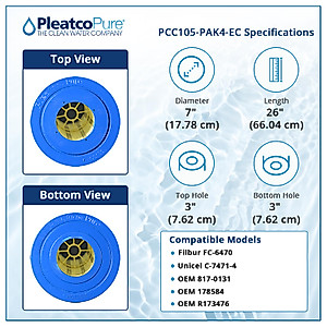 Pleatco PCC105-PAK4-EC Pool Filter Cartridge Replacement for Unicel: C-7471-4, Filbur: FC-6470, OEM Part Numbers: 817-0131, 178584, R173476, White