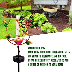 Juegoal 31.5 Inch Rain Gauge, Solar Powered Lighted Butterfly Garden Stakes Decor with 16 LED Warm White Copper Lights, Metal Yard Art Outdoor Lawn Pathway Patio Decorations