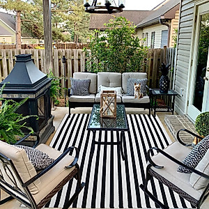 Black and White Striped Outdoor Rug 4'x6' Indoor Outdoor Porch Rug Washable Farmhouse Layered Door Mats Cotton Hand-Woven Welcome Mats Throw Carpet for Entryway/Home Entrance/Patio(4'x6')