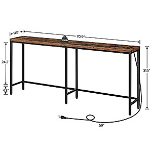 HOOBRO 70.9 Inches Console Table with 2 Power Outlets and 2 USB Ports, Extra Long Entryway Table with Charging Station, Narrow Sofa Table Behind Couch, Hallway, Living Room, Rustic Brown BF1801XG01G1