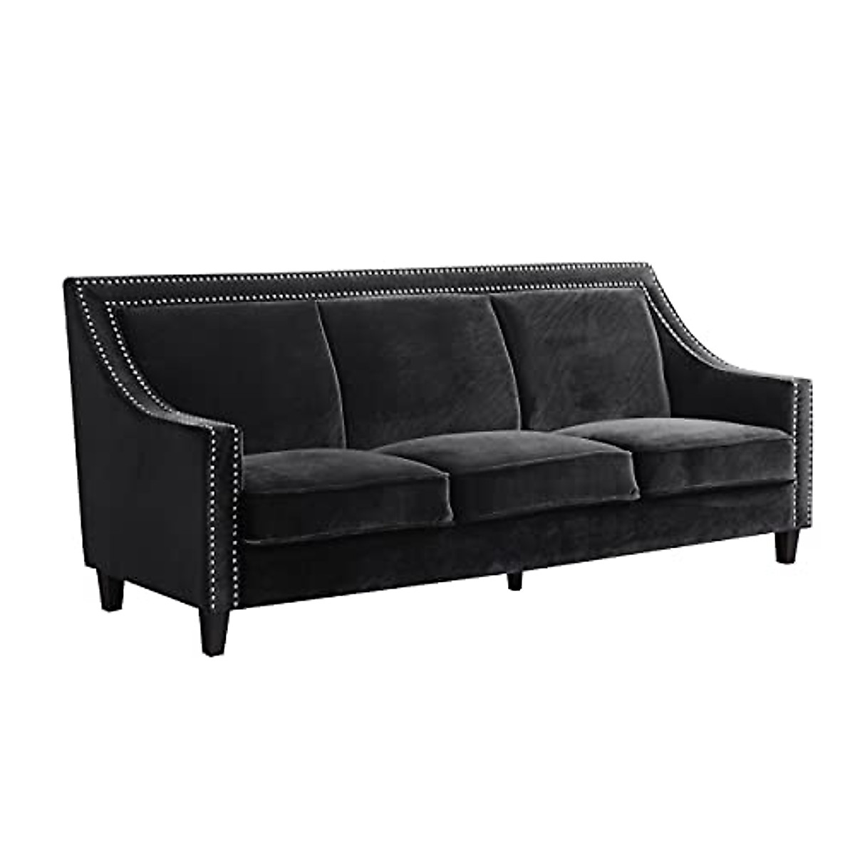 Iconic Home Camren Sofa Velvet Upholstered Swoop Arm Silver Nailhead Trim Espresso Finished Wood Legs Couch Modern Contemporary, Black