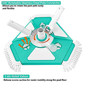 POOLKEY Upgraded Heavy Duty Pool Vacuum Head, Deluxe 15'' Triangular Shape with 18 Bottom & Corner Brushes, Wheels, 360° Rotatable Pole Connector Pool Vacuum Head for Above Ground Pool Inground Pools