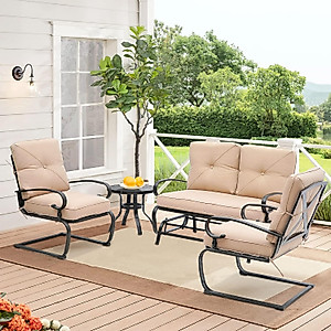 Oakmont 4 Pieces Metal Outdoor Furniture Patio Conversation Set, Glider Chairs Set with Round Side Table, Spring Lounge Chair Sets Metal Frame Wrought Iron Look (Brown)