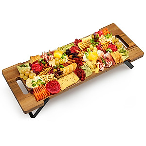 Hanobe Charcuterie Cheese Board Large: Long Acacia Serving Wooden Riser with Handles Folding Appetizer Boards Raised Wood Plank for Parties Buffet Food Display and Farmhouse Counter Decor