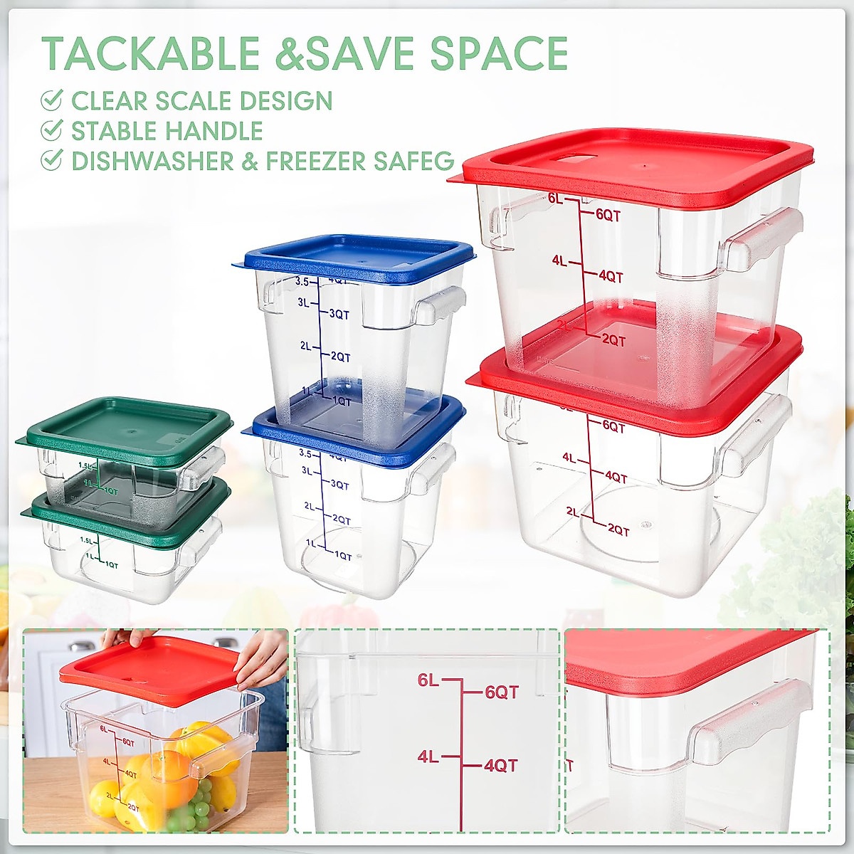 Lallisa 6 Pcs Food Storage Set, Square Polycarbonate Restaurant Food Storage Containers with Lids commercial Clear Cereal Containers for Kitchen, 3 Colors(2 Quart 4 Quart and 6 Quart)