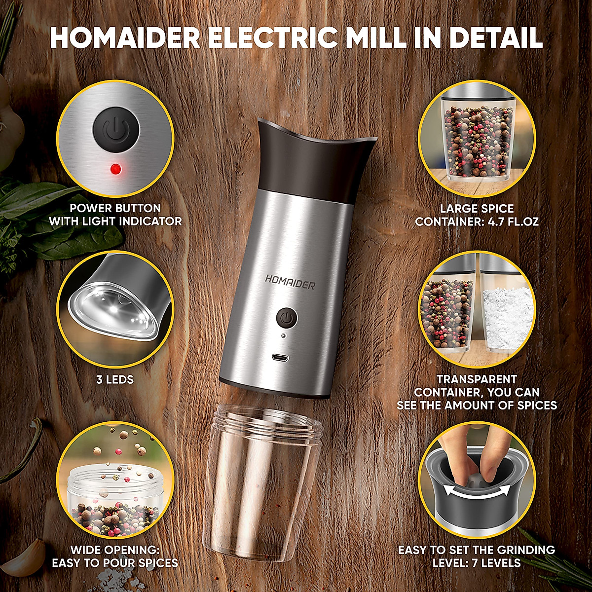 Homaider Electric Salt and Pepper Grinder Set Rechargeable & Automatic - for Spices, Salt and Pepper - Wooden Stand, Brush, LED Lights, x2 Charging Cables and Adjustable Coarseness - Set of 2