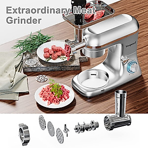 Vospeed 9 IN 1 Stand Mixer, 850W Tilt-Head Multifunctional Electric Mixer with 7.5 QT Stainless Steel Bowl, 1.5L Glass Jar, Meat Grinder, Hook, Whisk, Beater Dishwasher Safe - Silver