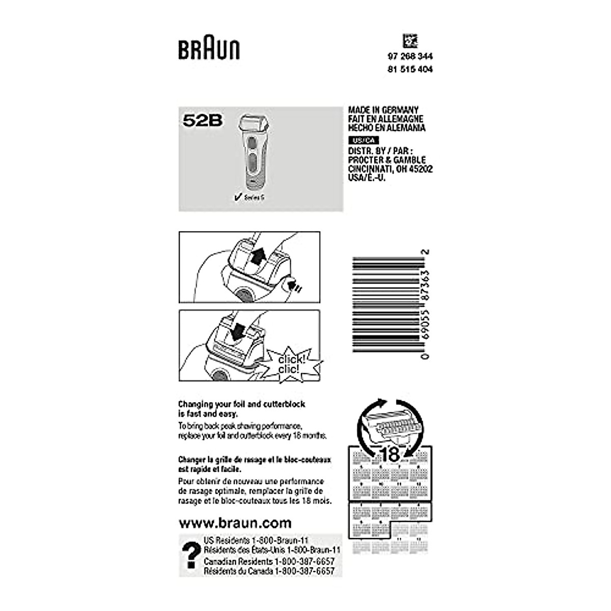 Braun Series 5 Shavers Replacement Foil and Trimmer Head Cassette with Ultra-Active-Lift Middle Trimmer and Crosshair Designed Foil, Silver Finish