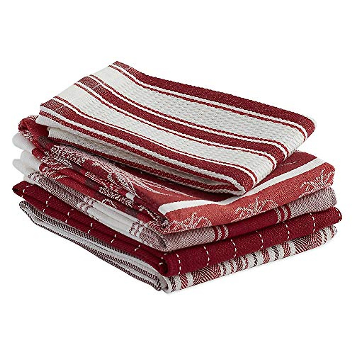 DII Assorted Pattern, Kitchen Collection, Dishtowels & Dishcloth, Garnet, 5 Piece