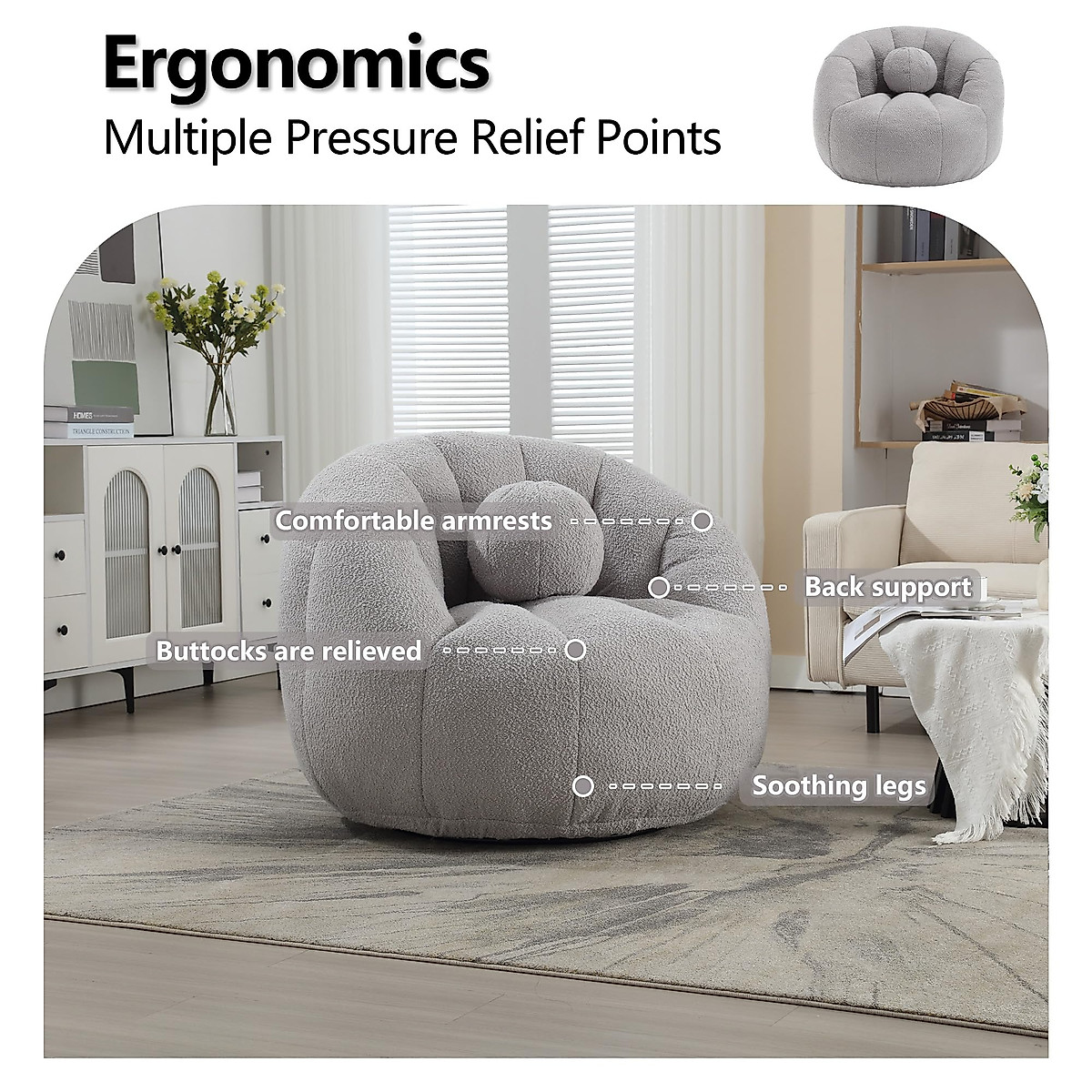 QQU Modern Round Barrel Chair with 1 Pillow, Comfortable Lounge Lazy Sofa Without Swivel Base Lounge Sofa Chair for Living Room, Bedroom, Hotel,Grey