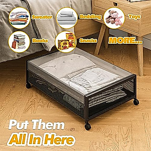 UEAKPIC Under Bed Storage Containers with Wheels, 2 Pack Under Bed Shoe Storage Organizer, Rolling Under Bed Storage Metal Drawer, Organization and Storage for Clothes, Toys, Blankets, Books