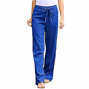 DASAYO Womens Casual Loose Long Pants Linen Sashes Straight Solid Trousers Plus Size Soft Trendy Pant Sweatpants Yoga Tights
