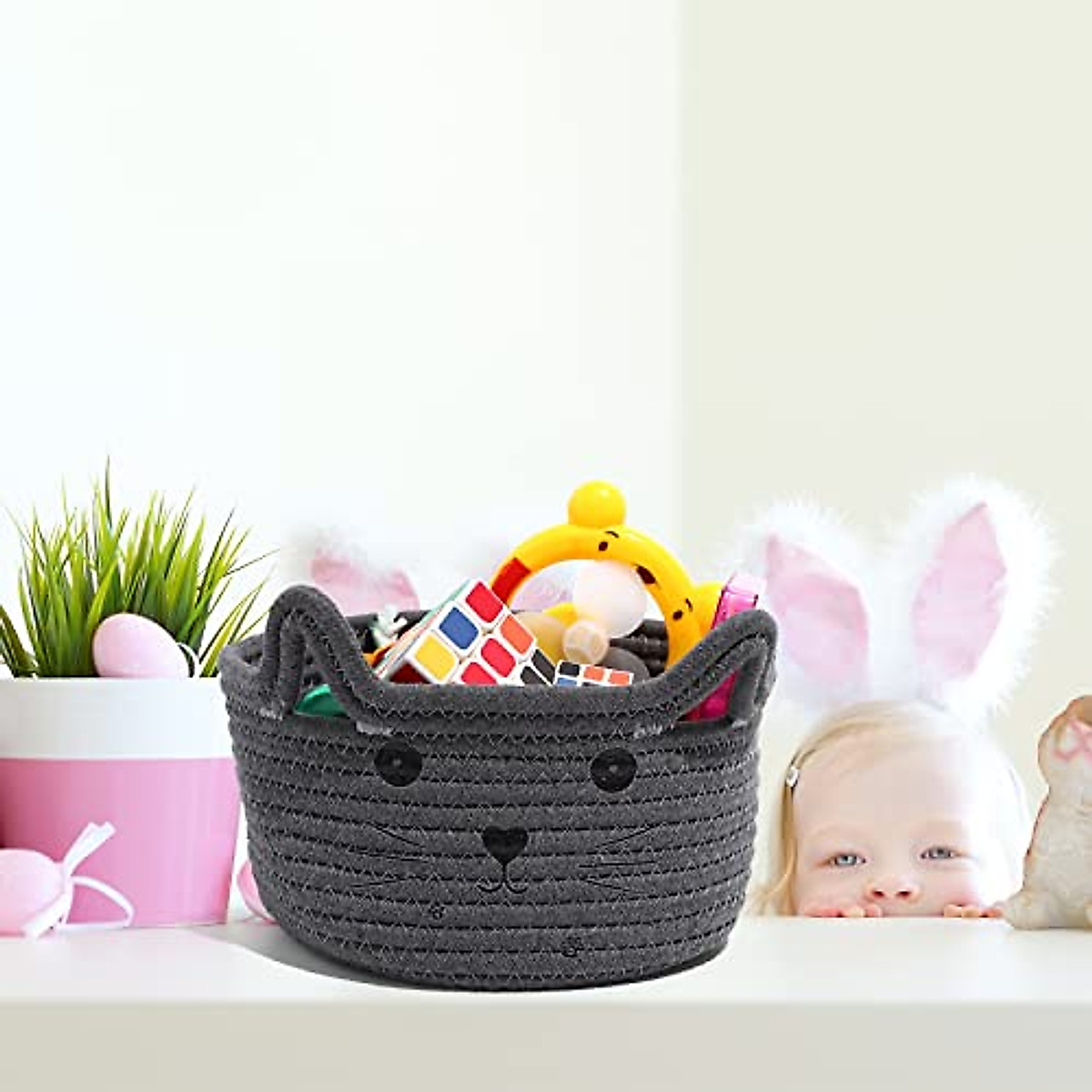 Cat Basket Storage Woven Basket Organizer with Ears Decorative Pet Toy Cute Basket Cotton Rope Basket for Gifts Cat Dog Toy Bin Nursery Room Kids Toy (Gray, 8.3 x 4.7 Inch)