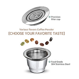 MG Coffee Stainless Steel Reusable Nespresso Capsules Permanent Coffee Pod Holder Compatible for Nespresso Machines (Silver capsules tamper)