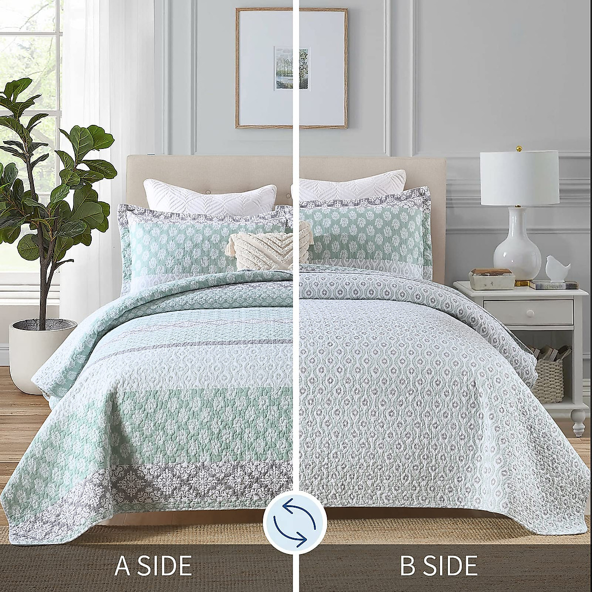 KALOOLA Sage Green King Size Quilt, 100% Cotton Soft Lightweight Quilted Bedding Set, Farmhouse Reversible Bedspread with 2 Pillowshams, Printed Floral Coverlet for All Season, 3 Pieces