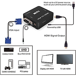 GANA VGA to HDMI Adapter, Mini Vga Adapter Box Steadily Convert Full HD Audio Video Below 1080P from VGA to HDMI, Support HDTV PC Laptop Monitor Computer Mac Projector