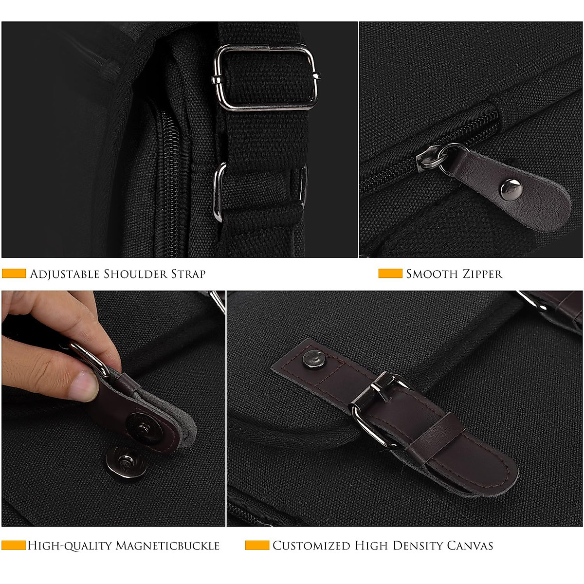 Small Crossbody Bag for Men, Canvas Messenger Shoulder Side Bag Travel Purse Mens Chest Bag for Casual Work Compatible with iPad Air 10.5, Black