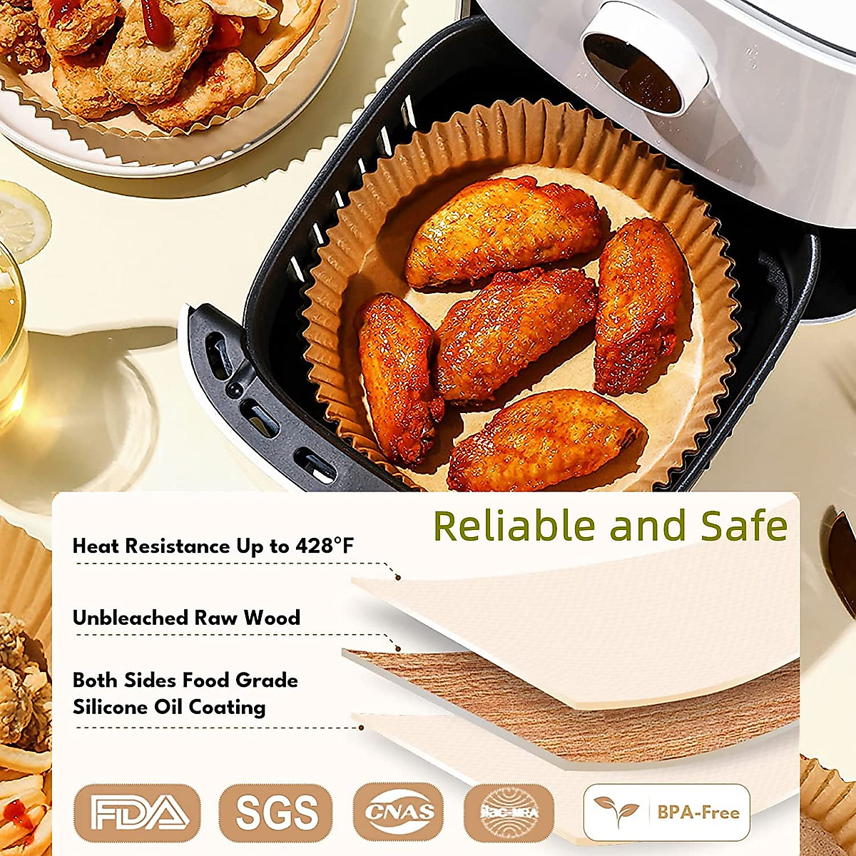 Air Fryer Disposable Paper Liner, 100 Pcs Non-stick Round Parchment Paper Oil Resistant, Waterproof, Food Grade Baking Paper Baking Microwave Baking Paper Unbleached -6.3 Inch(Natural)