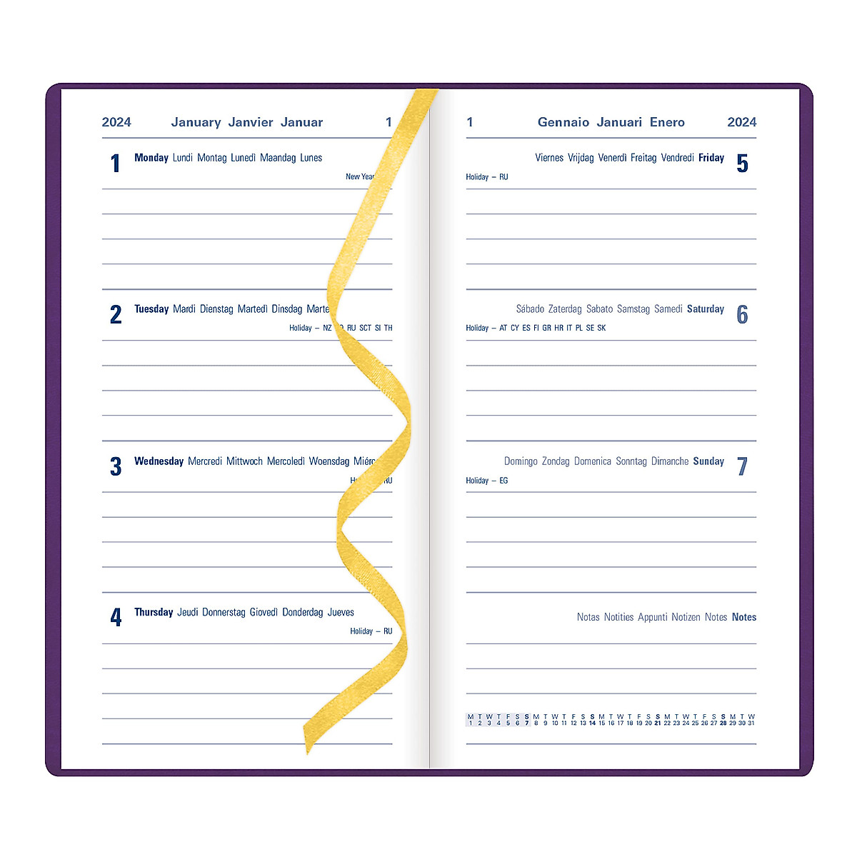 Letts of London Woodland Weekly Planner, 12 Months, January to December, 2024, Pocket Size, 5.875" x 3.125", Multilingual, Purple (C082175-24)