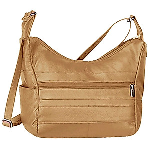 Women's Leather Medium Cross Body Purse Shoulder Ladies Handbag with Many Pockets(Light Brown)