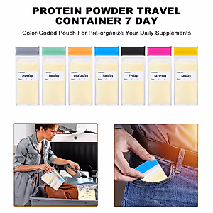 Protein Powder Travel Container with Funnels, Reusable Powder Dispenser Supplement Portable Protein Container To Go, 21pc Single Dose Bags and 3pc Large Standable Zip Bags for Workout, Fitness, Travel