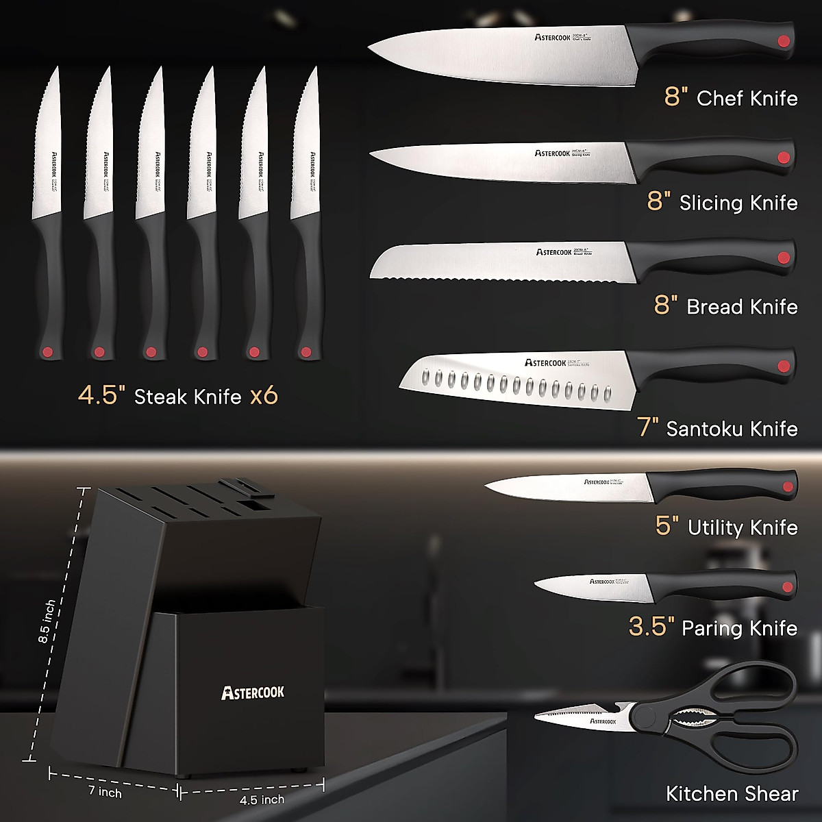 Astercook Knife Set with Built-in Sharpener Block, Dishwasher Safe Kitchen Knife Set with Block, 14 Pcs High Carbon Stainless Steel Block Knife Set with Self Sharpening and 6 Steak Knives, Black