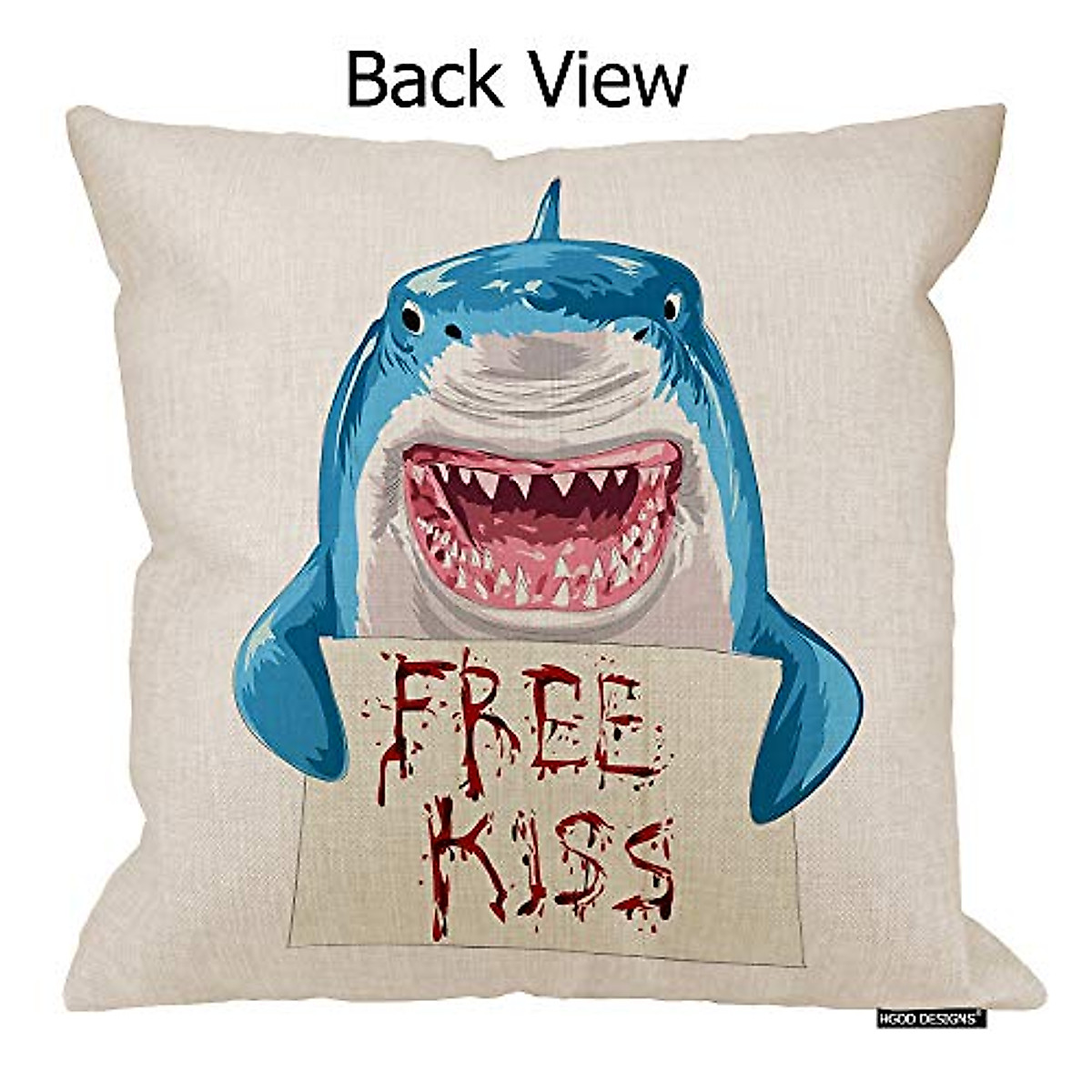HGOD DESIGNS Shark Pillow Case,Funny Animal Blue Shark Holding Bloody Free Kiss Sign Cotton Linen Polyester Decorative Home Decor Sofa Couch Desk Chair Bedroom 16x16inch