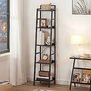 HOOBRO 5-Tier Ladder Shelf, Narrow Bookshelf, Industrial Bookcase, Skinny Bookshelf for Small Spaces, Corner Storage Shelf for Home Office, Living Room, Black BB35SJ01