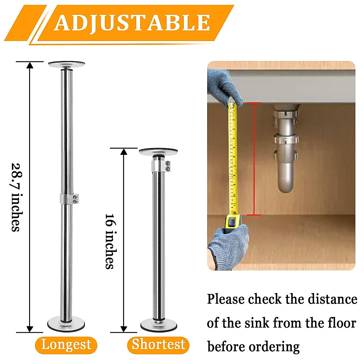 Undermount Sink Brackets, Stainless Steel Adjustable Sink Legs Installation and Repair Kit Support System with Waterproof Gloves for Kitchen, Bathroom(16.1-28.7inches)