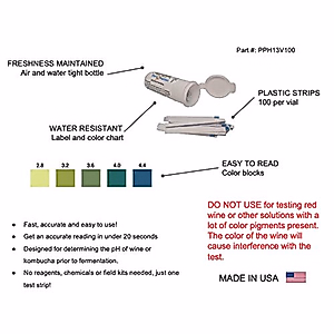 pH Test Strips for Wine Making, Homebrew, Acidity, 2.8 to 4.4 pH [Vial of 100 Plastic Strips]