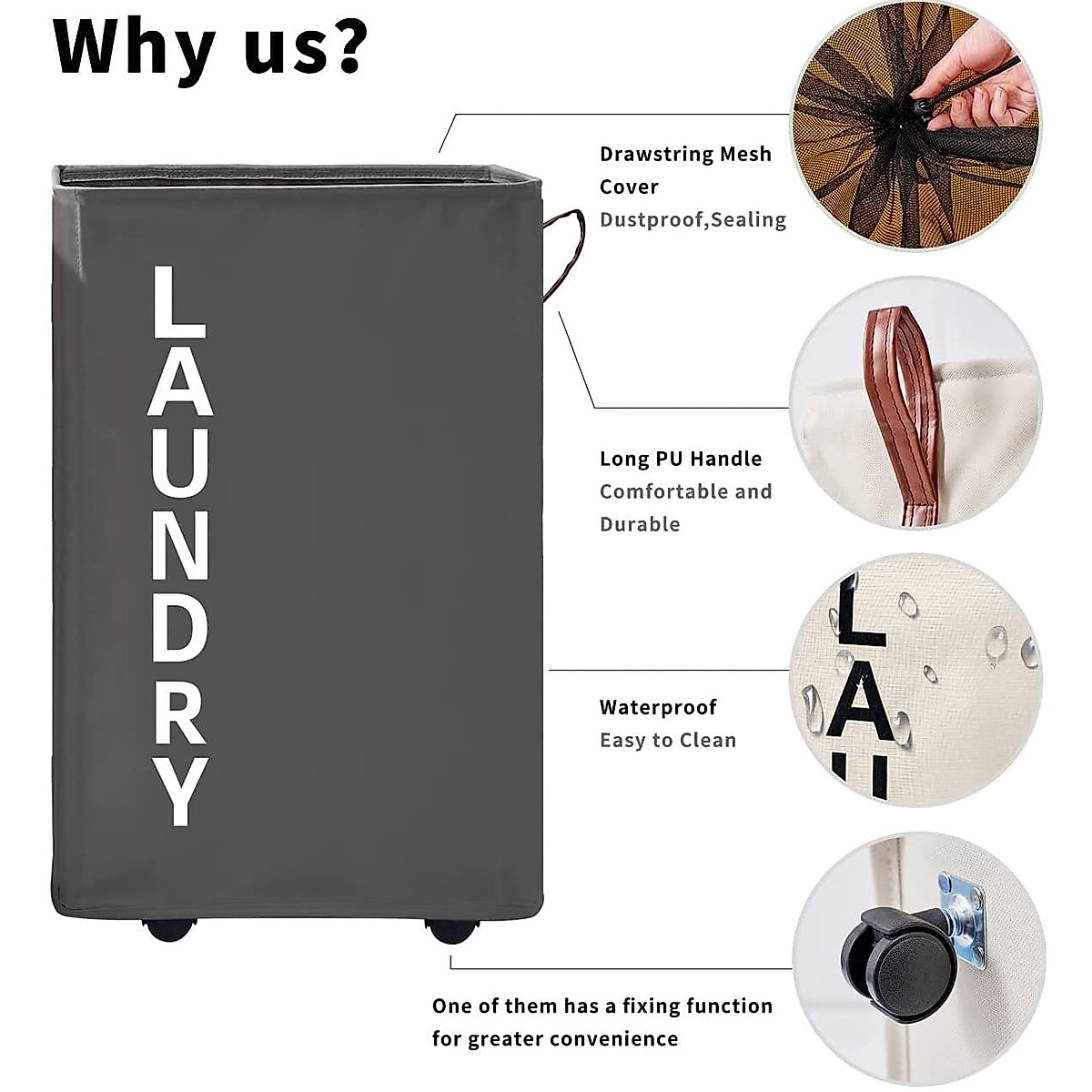 92L Extra Large Laundry Hamper with Leather Handle,Standable Laundry Basket with Wheels Laundry Hamper on Wheels,Large Hamper,Rolling Laundry Basket Grey
